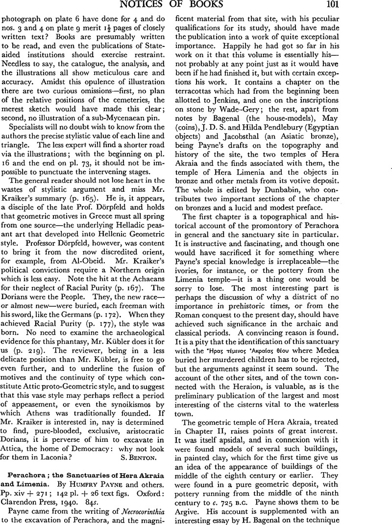 Perachora; the Sanctuaries of Hera Akraia and Limenia. By Humfry Payne ...