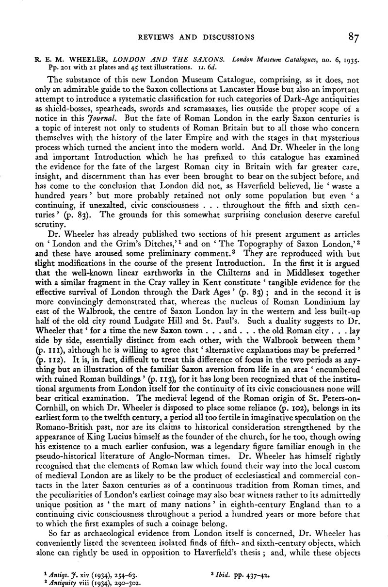 Wheeler R. E. M., London and the Saxons. London Museum Catalogues, no ...
