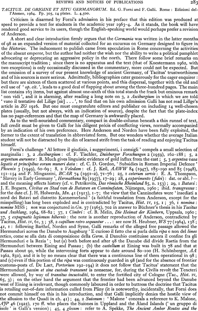 Tacitus. De origine et situ Germanorum. Ed. G. Forni and F. Galli. Rome ...