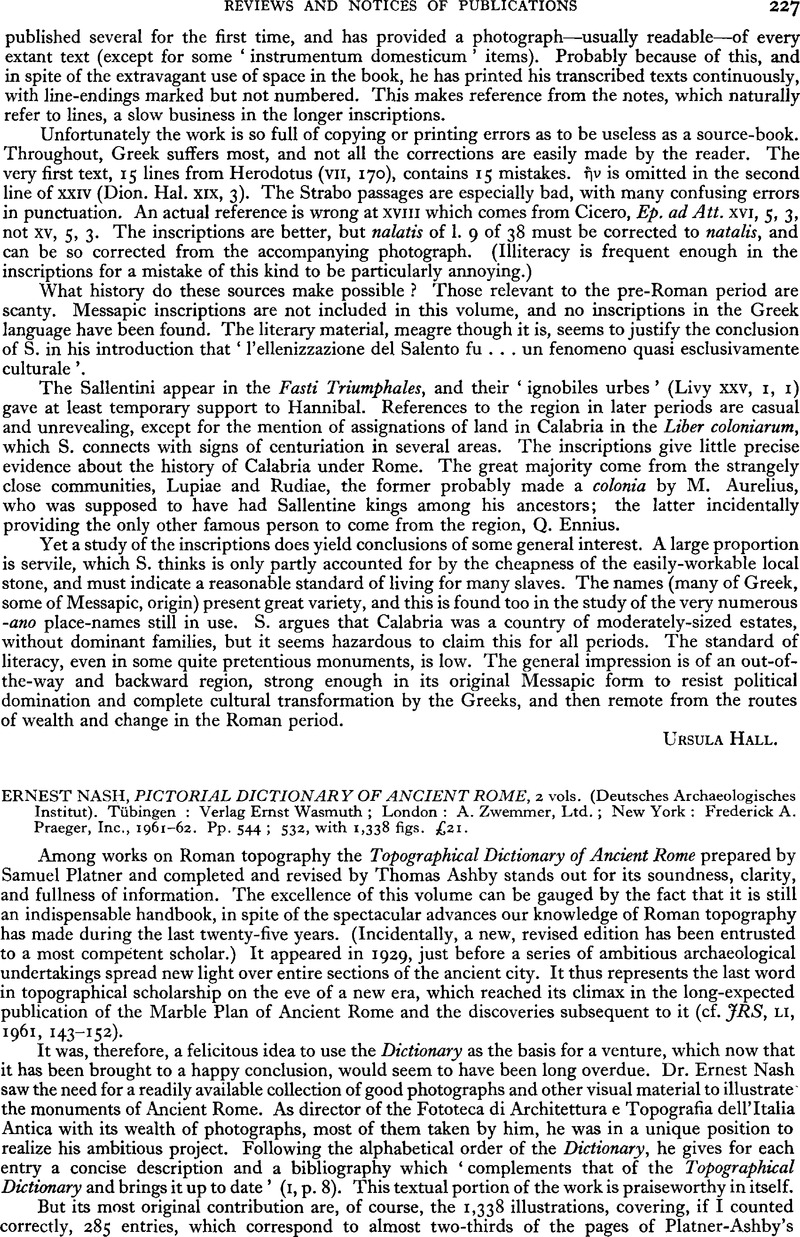 Ernest Nash, Pictorial Dictionary of Ancient Rome, 2 vols. (Deutsches ...