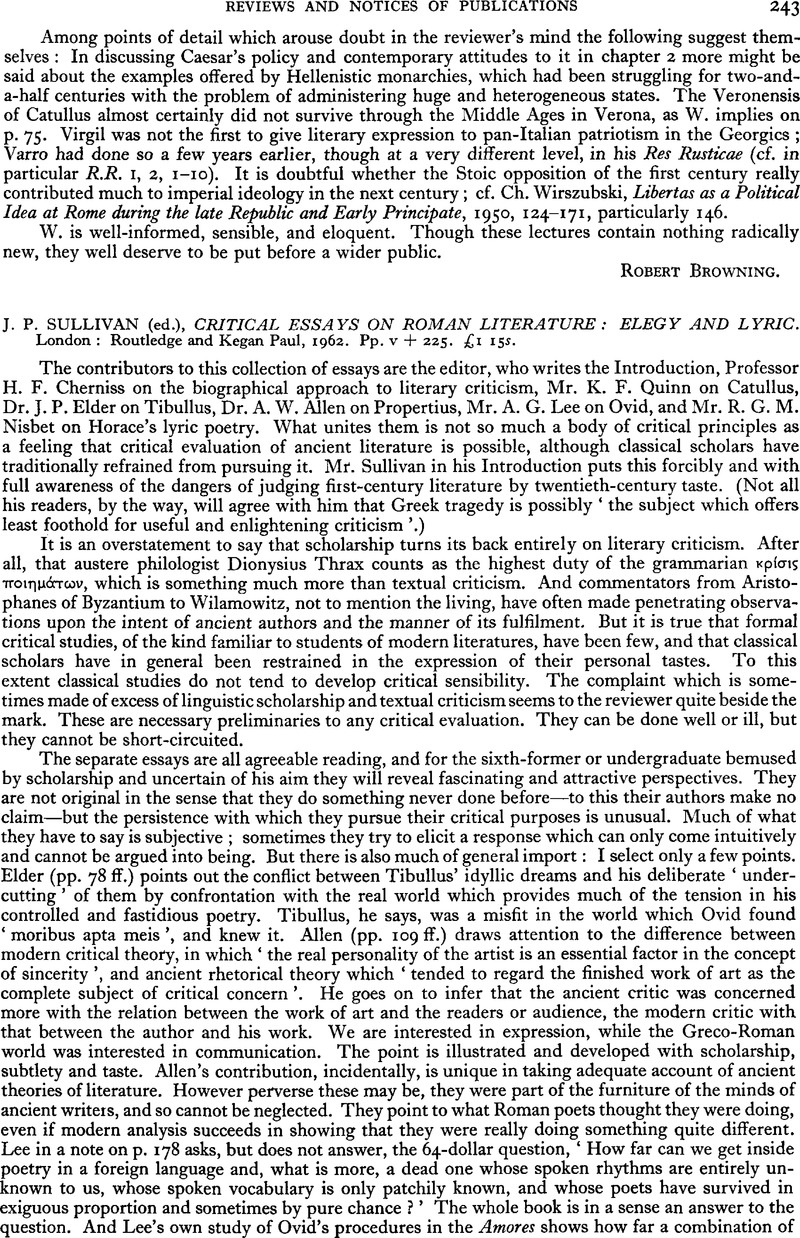 J. P. Sullivan (ed.), Critical Essays on Roman Literature: Elegy and ...