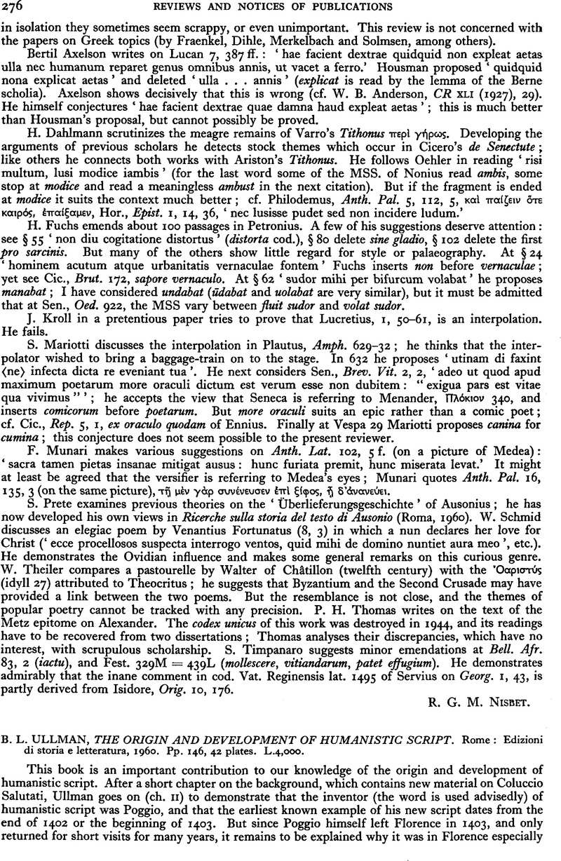 B. L. Ullman, The Origin and Development of Humanistic Script. Rome ...