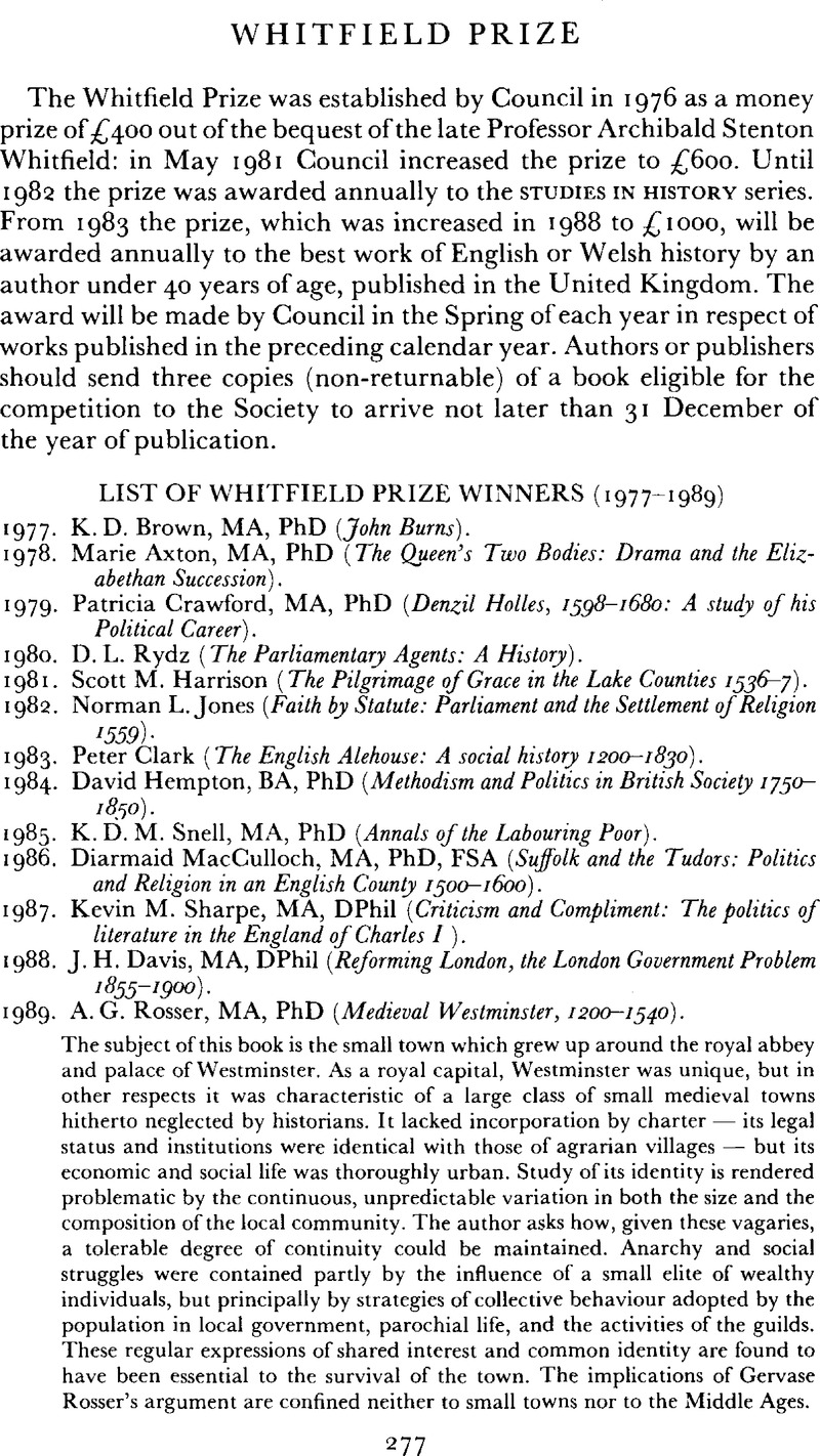 Whitfield Prize | Transactions of the Royal Historical Society ...