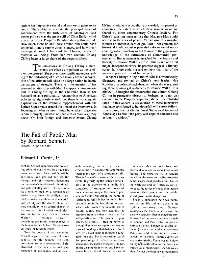 The Fall of Public Man by Richard Sennett (Knopf; 373 pp.: $15.00 ...
