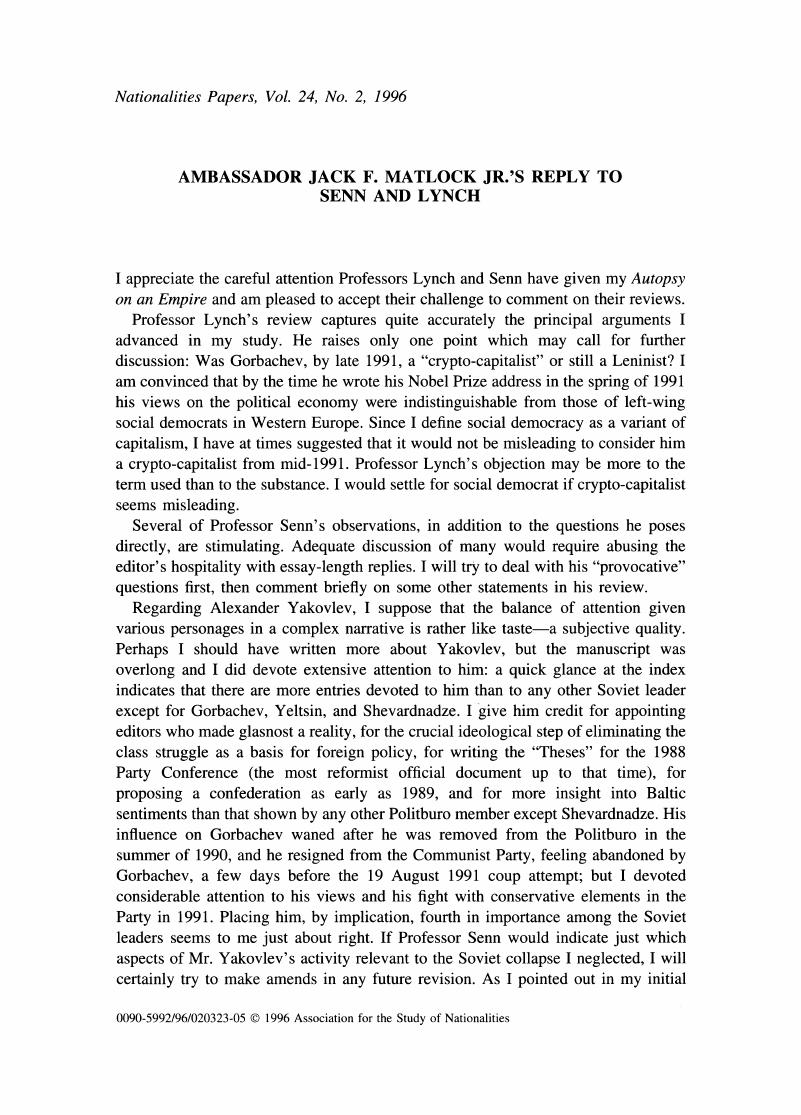 Ambassador Jack F. Matlock Jr.'s Reply to Senn and Lynch ...