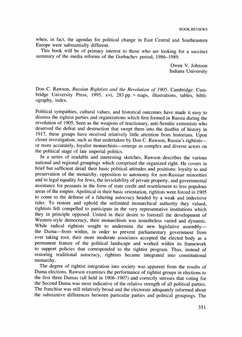 Don C. Rawson, Russian Rightists and the Revolution of 1905. Cambridge ...