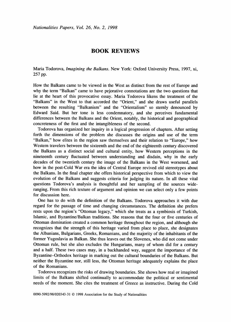 Maria Todorova, Imagining the Balkans. New York: Oxford University ...