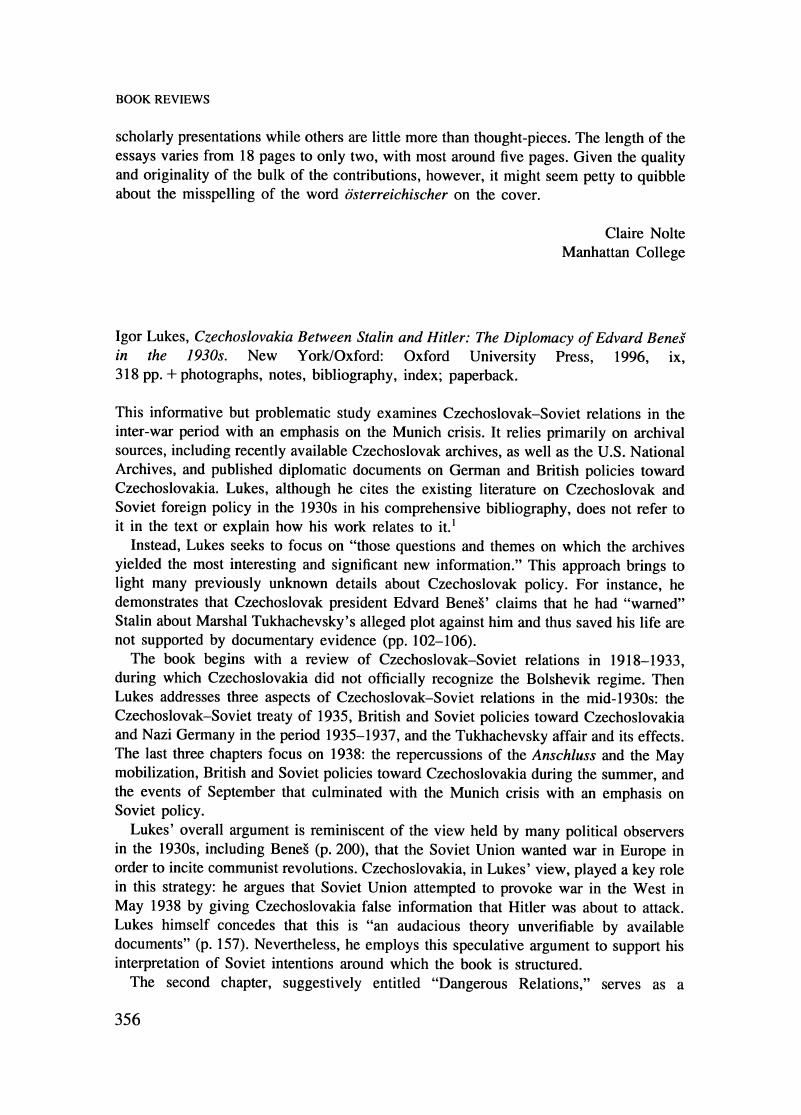 Igor Lukes, Czechoslovakia Between Stalin and Hitler: The Diplomacy of ...