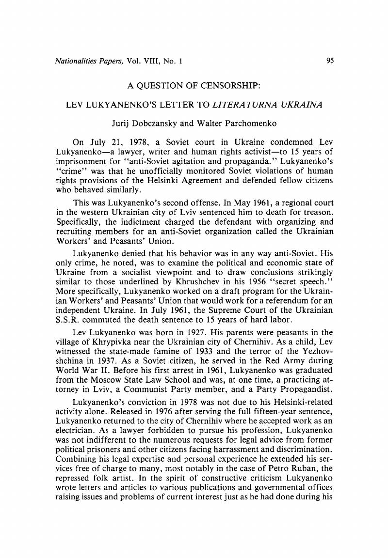 A Question of Censorship: LEV Lukyanenko's Letter to Literaturna ...