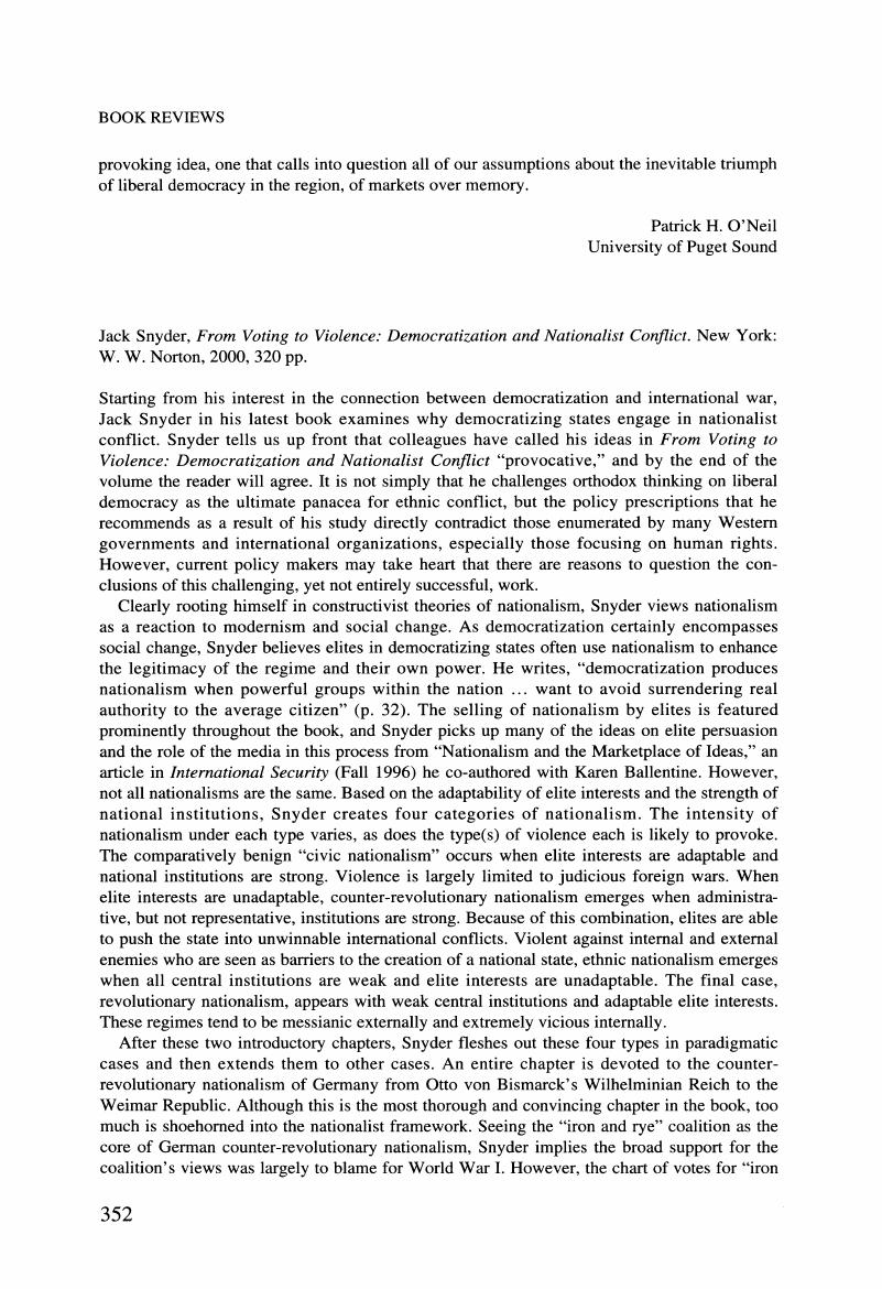 Jack Snyder, From Voting to Violence: Democratization and Nationalist ...