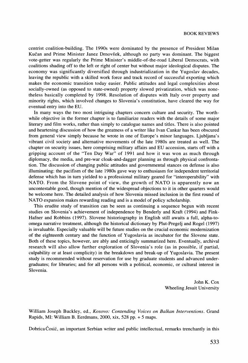 William Joseph Buckley, ed., Kosovo: Contending Voices on Balkan ...