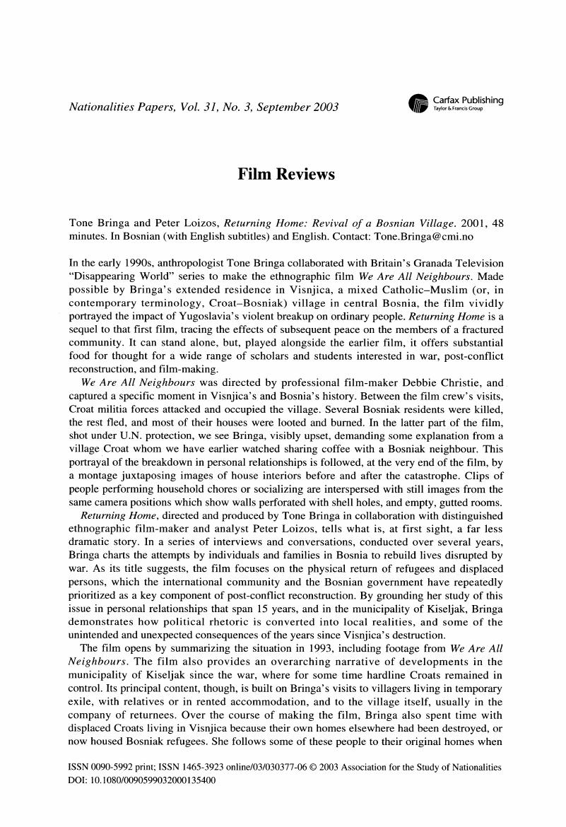 Tone Bringa and Peter Loizos, Returning Home: Revival of a Bosnian ...