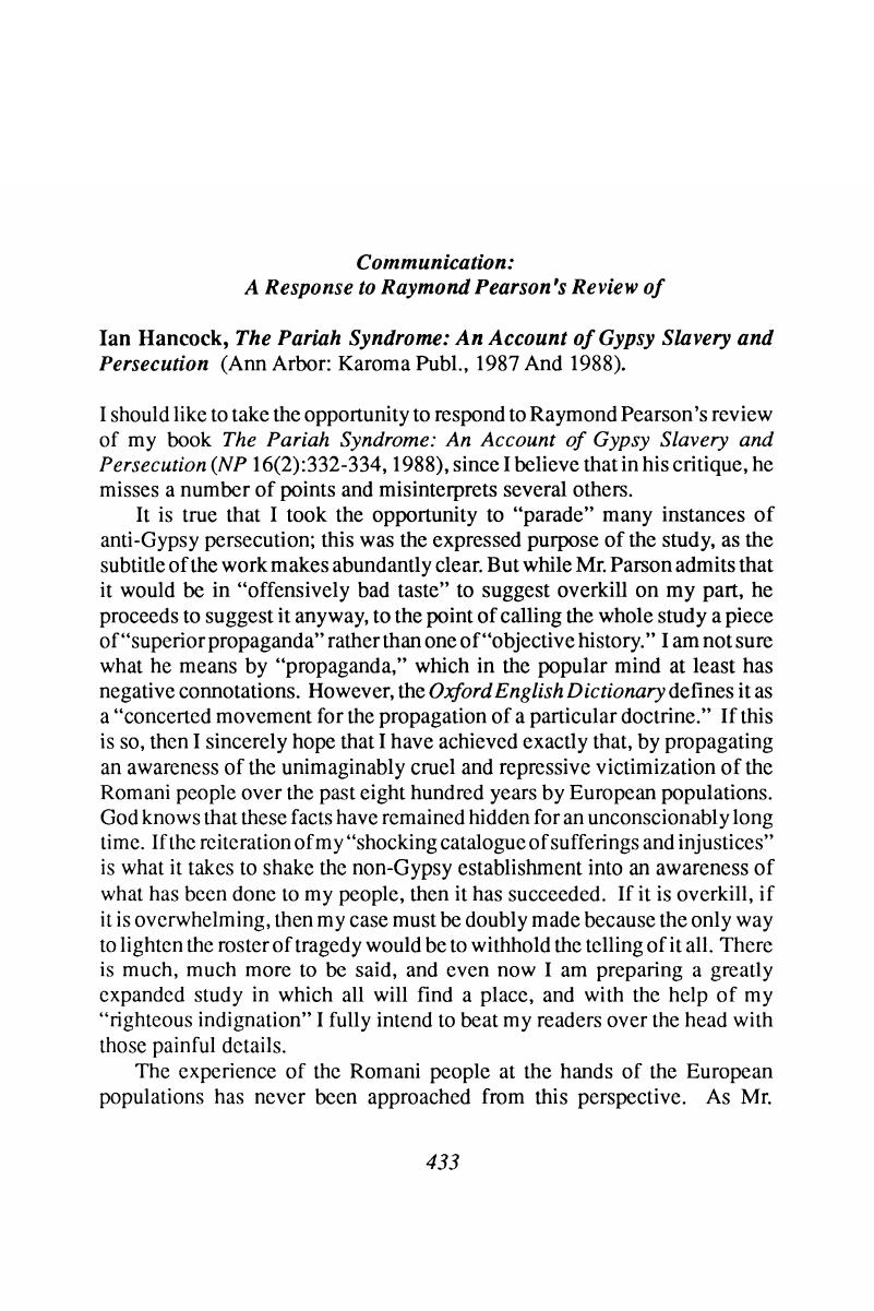 Communication: A Response to Raymond Pearson's Review of Ian Hancock ...