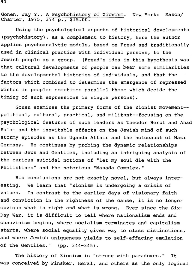Jay Y. Gonen, A Psychohistory of Zionism. New York: Mason/Charter, 1975 ...