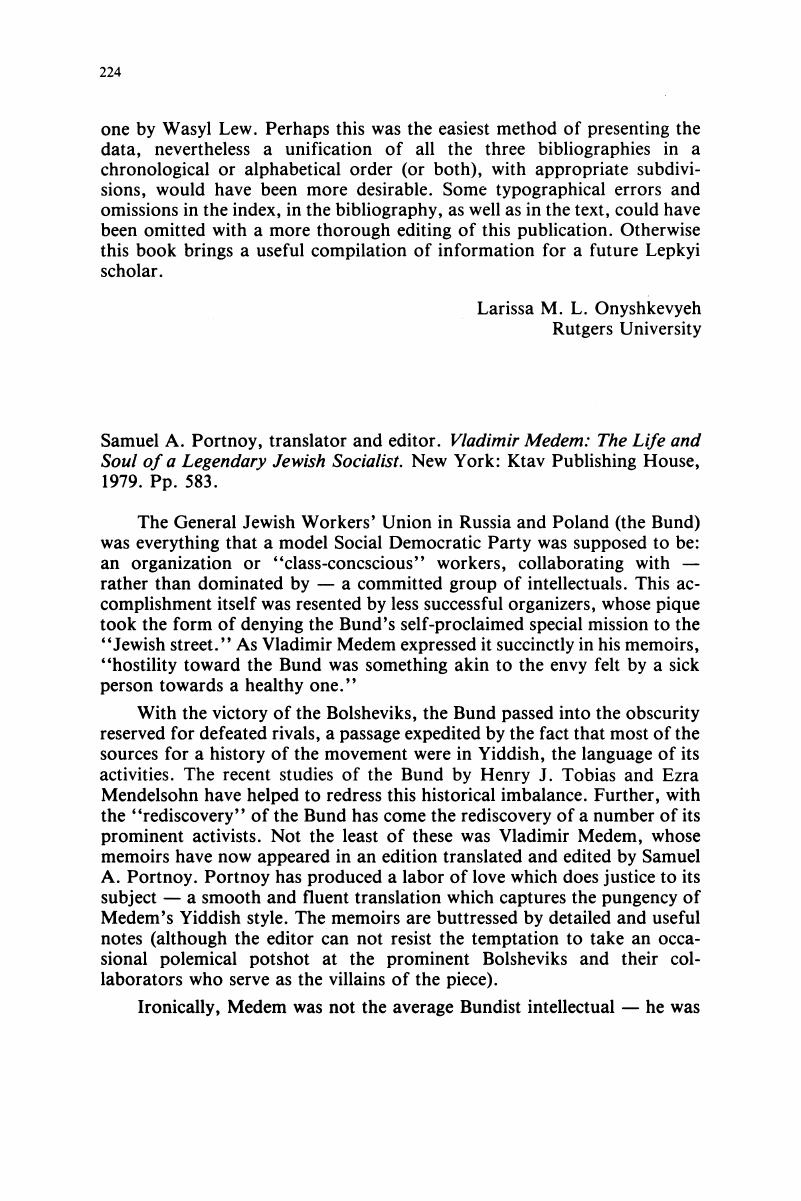 Samuel A. Portnoy, translator and editor. Vladimir Medem: The Life and ...