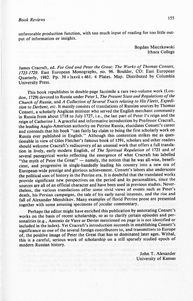 James Cracraft, ed. For God and Peter the Great: The Works of Thomas ...