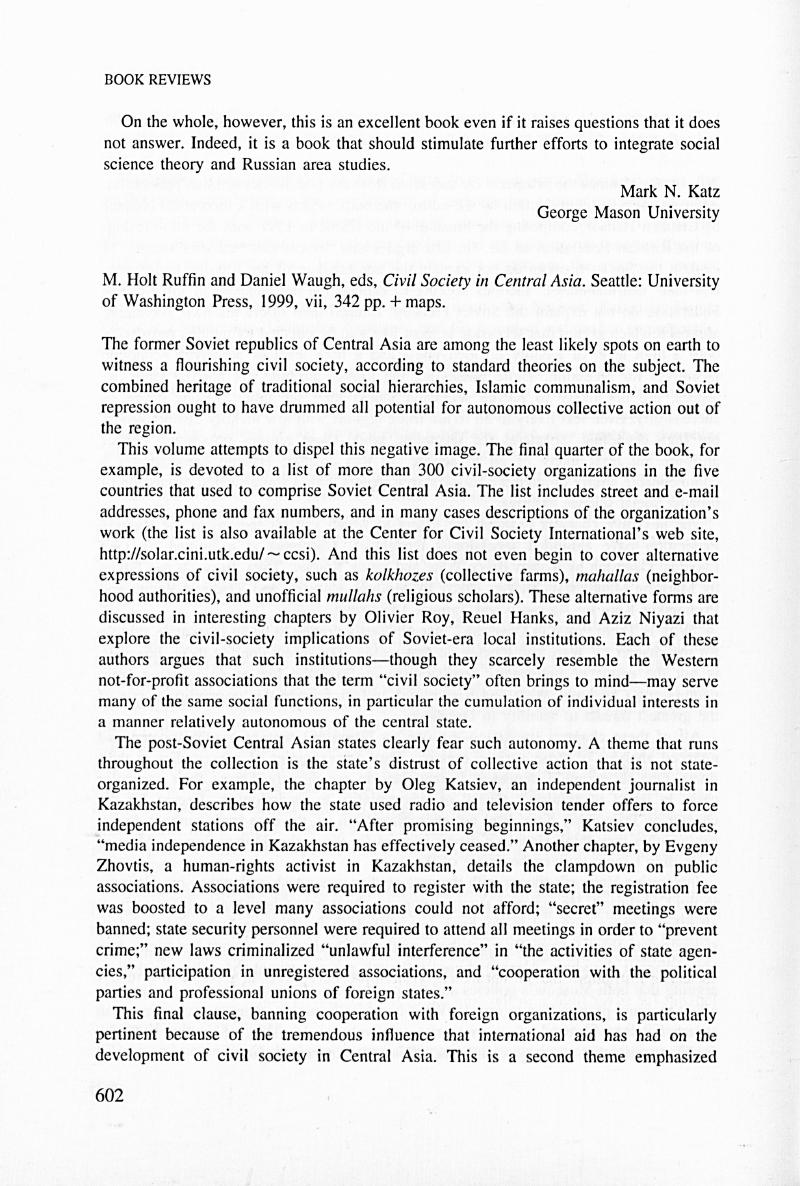 M. Holt Ruffin and Daniel Waugh, eds, Civil Society in Central Asia ...