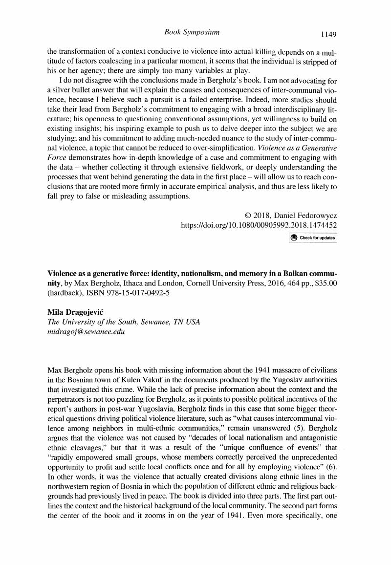 Violence as a generative force: identity, nationalism, and memory in a ...