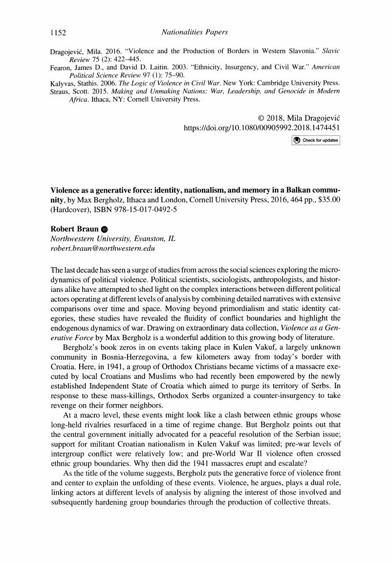 Violence as a generative force: identity, nationalism, and memory in a ...