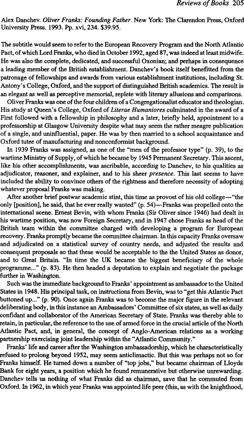 Alex Danchev. Oliver Franks: Founding Father. New York: The Clarendon ...