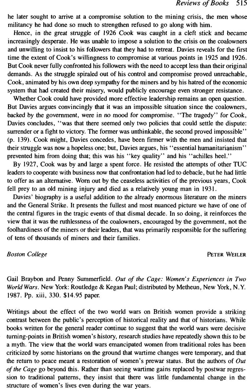 Gail Braybon and Penny Summerfield. Out of the Cage: Women's ...