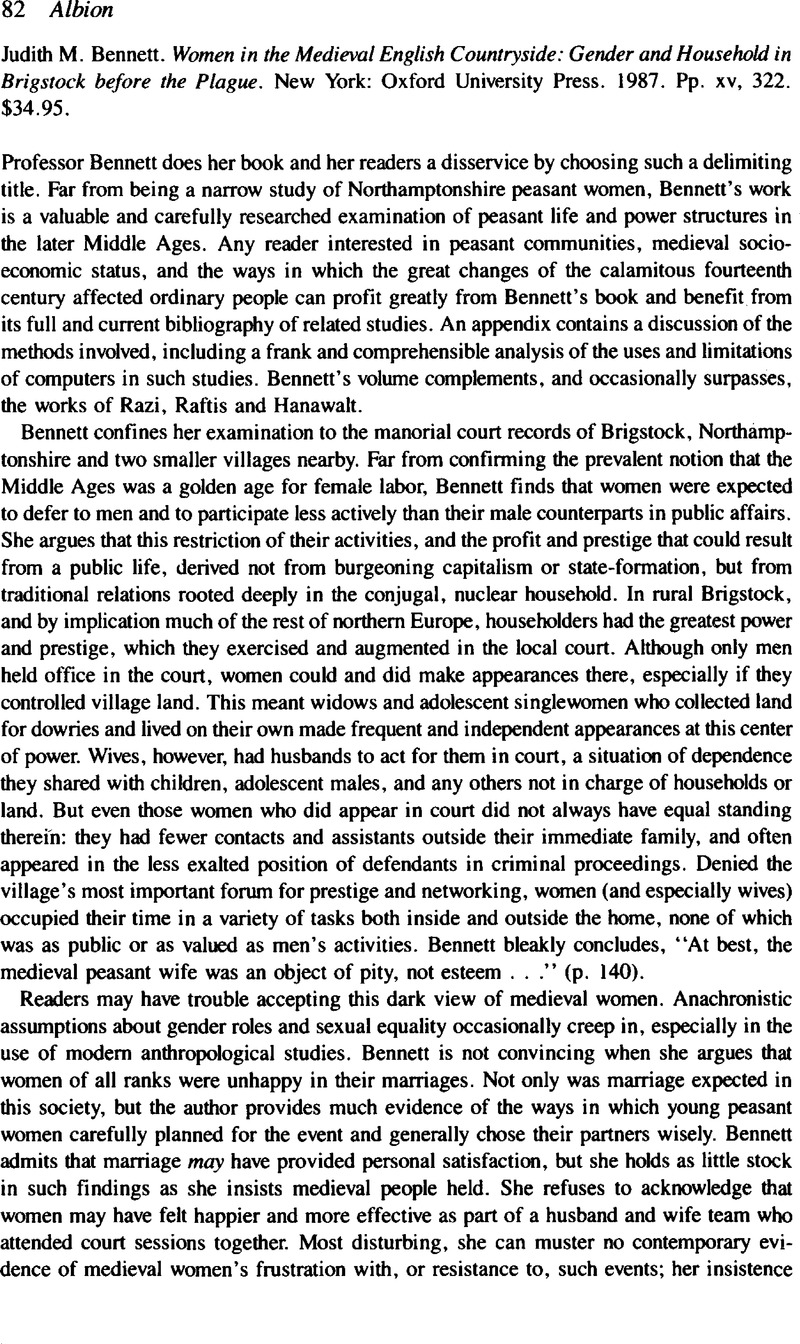 Judith M. Bennett. Women in the Medieval English Countryside: Gender ...