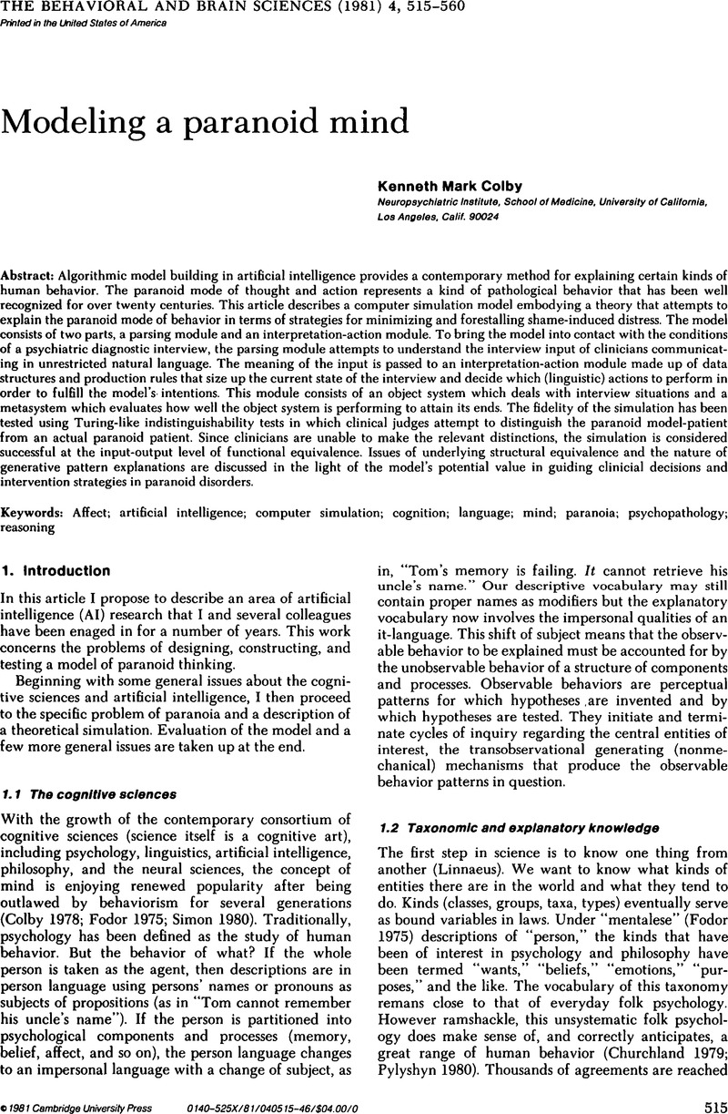 On the generality of PARRY, Colby's paranoia model | Behavioral and ...
