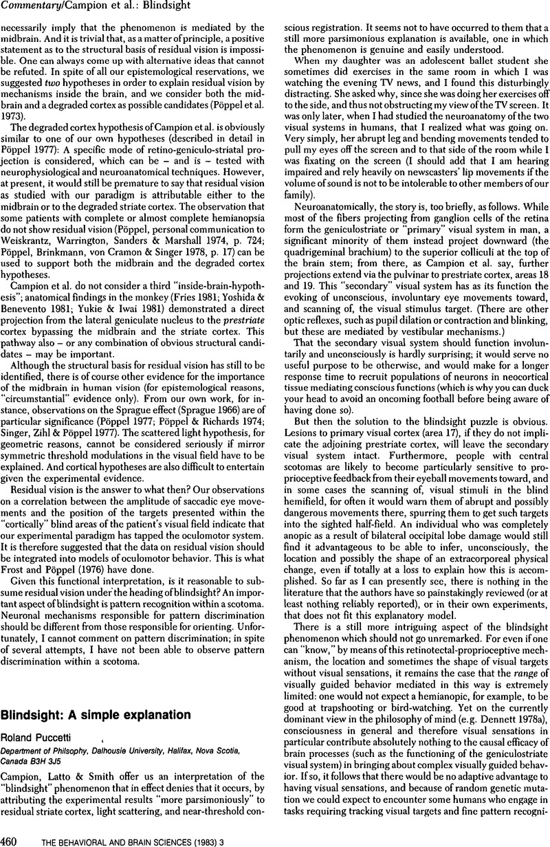 Blindsight: A simple explanation | Behavioral and Brain Sciences ...