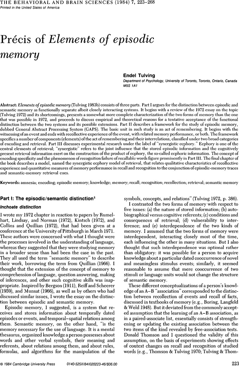 The episodic/semantic distinction: Something worth arguing about ...