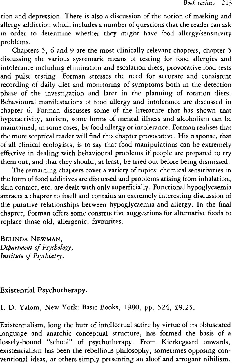 Existential Psychotherapy. I. D. Yalom, New York: Basic Books, 1980, pp ...