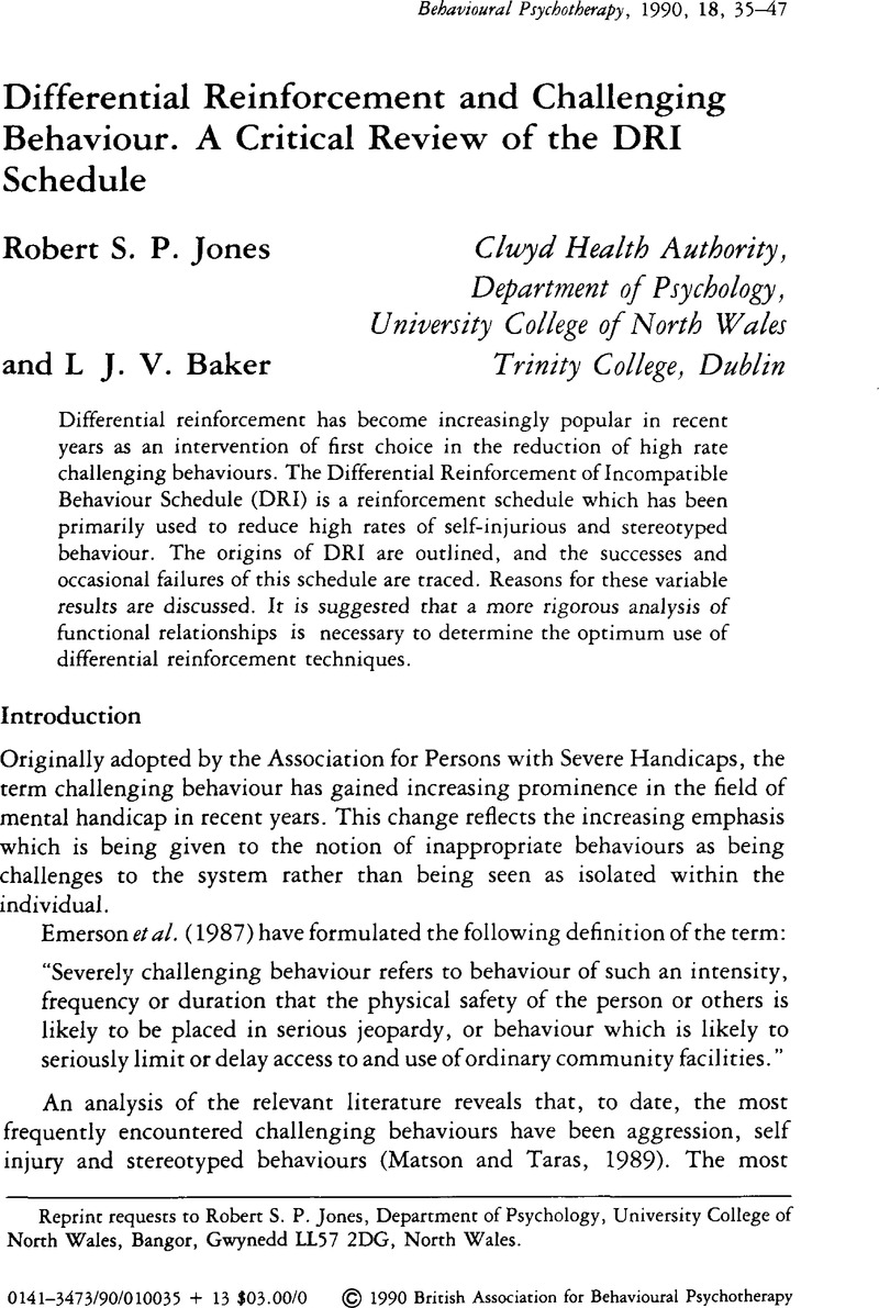 Differential Reinforcement and Challenging Behaviour. A Critical Review ...