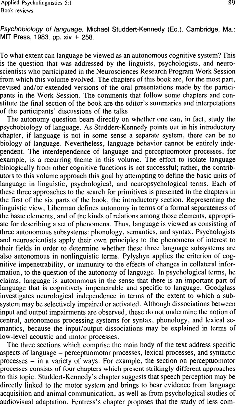 Psychobiology of language. Michael Studdert-Kennedy (Ed.). Cambridge ...