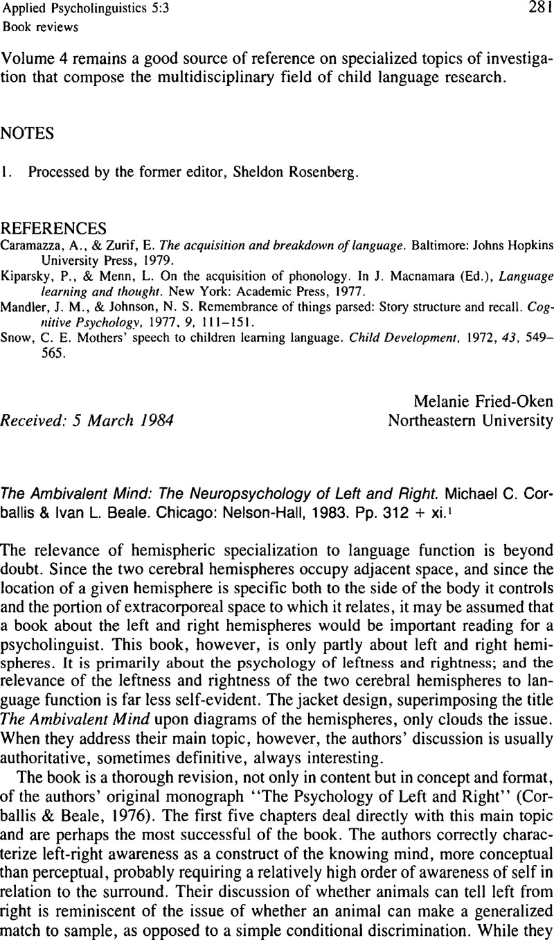 The Ambivalent Mind: The Neuropsychology of Left and Right. Michael C ...