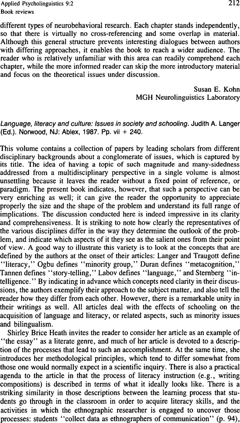 Language, literacy and culture: Issues in society and schooling. Judith ...