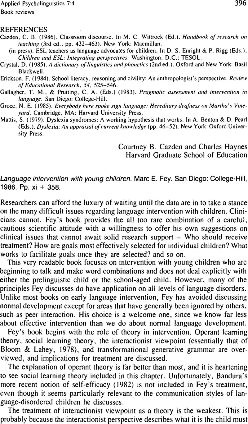 Language intervention with young children. Marc E. Fey. San Diego ...