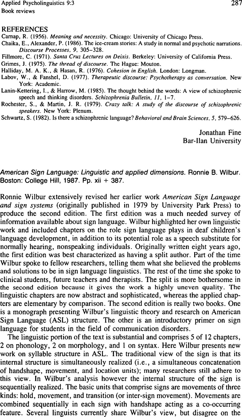 American Sign Language: Linguistic and applied dimensions. Ronnie B ...