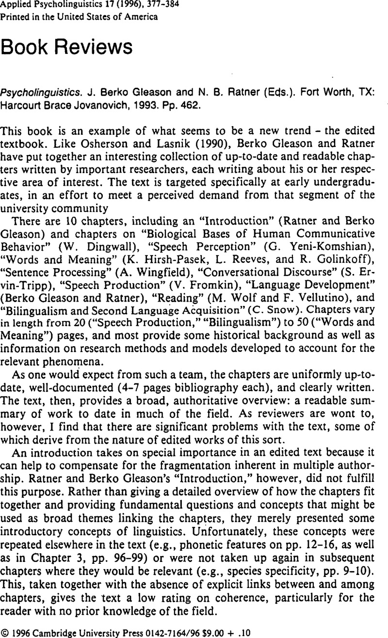 Psycholinguistics. J. Berko Gleason and N. B. Ratner (Eds.). Fort Worth ...