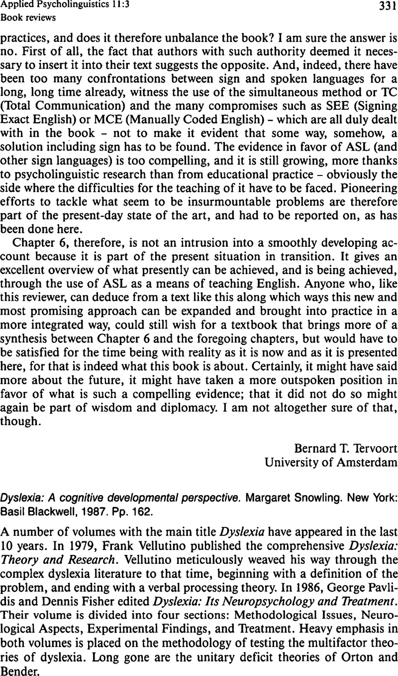 Dyslexia: A cognitive developmental perspective. Margaret Snowling. New ...