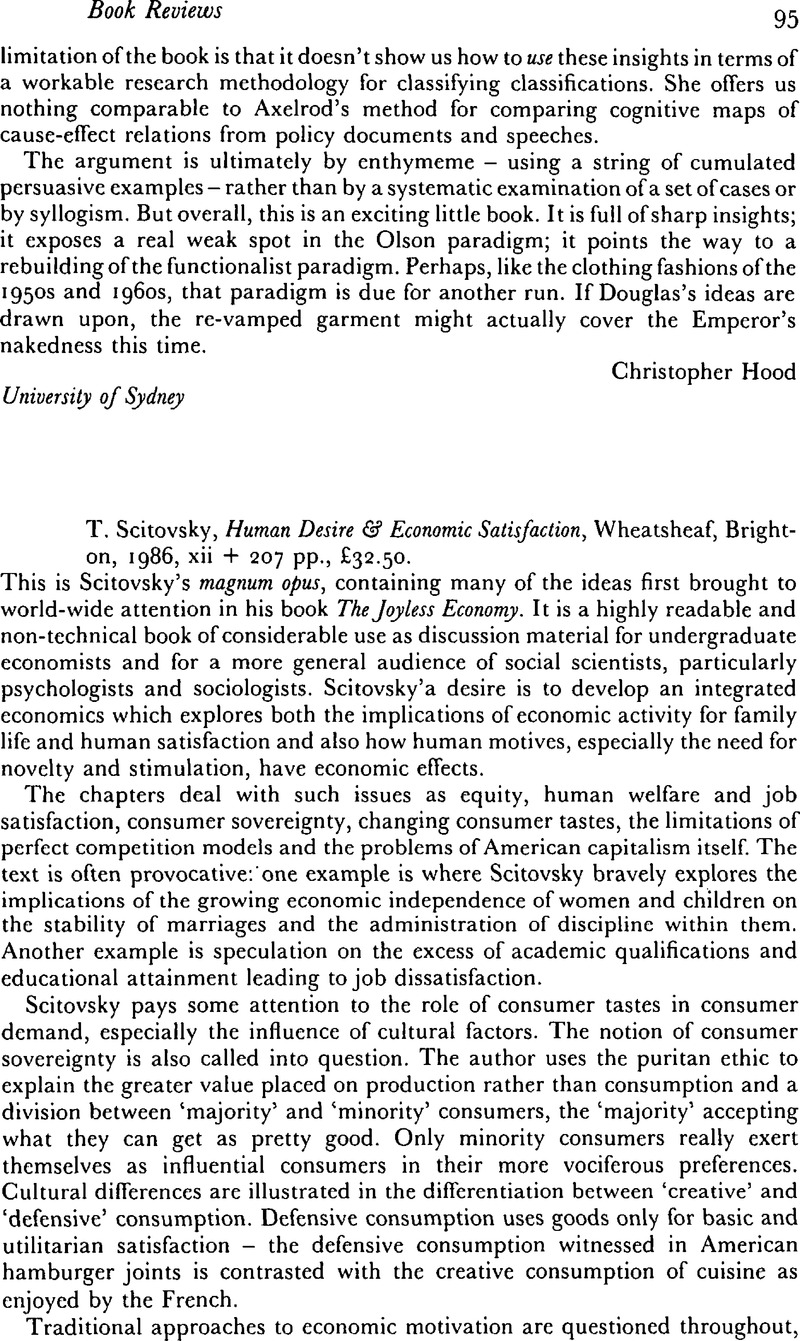 T. Scitovsky, Human Desire & Economic Satisfaction, Wheatsheaf ...