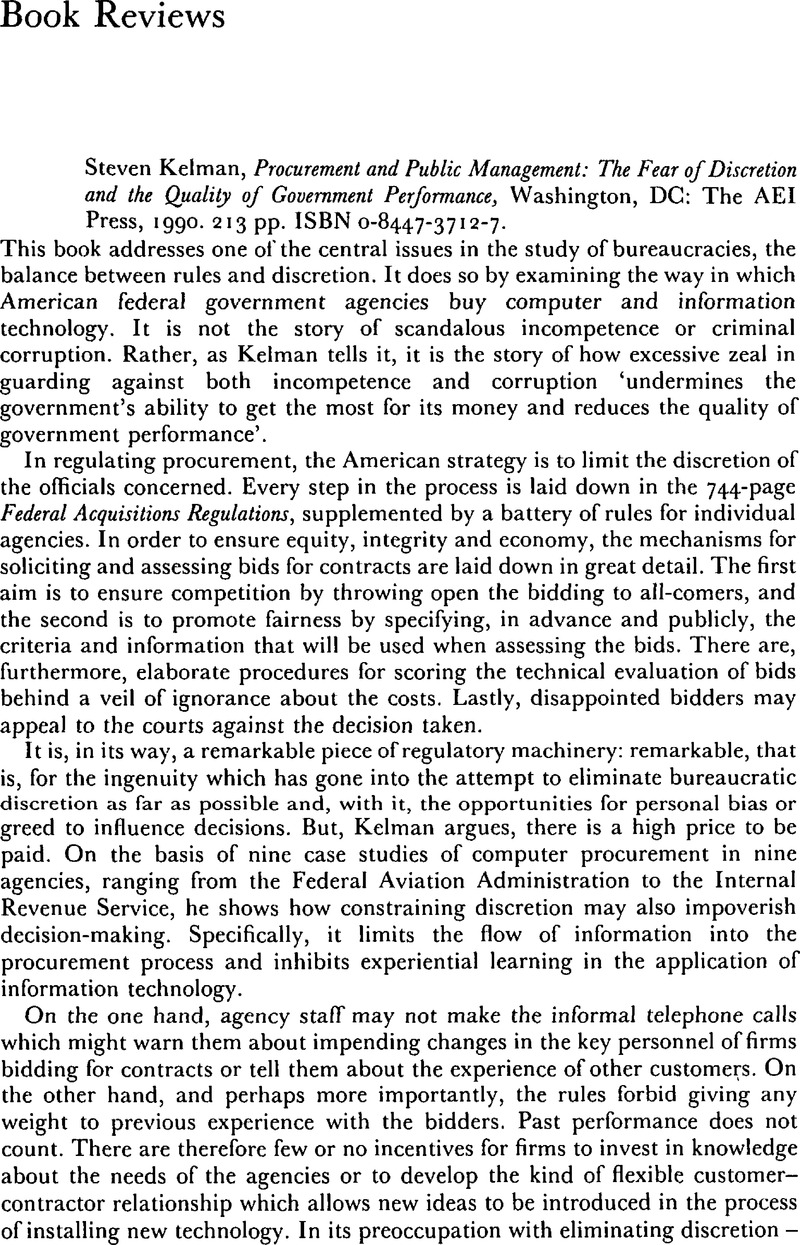 Steven Kelman, Procurement and Public Management: The Fear of ...