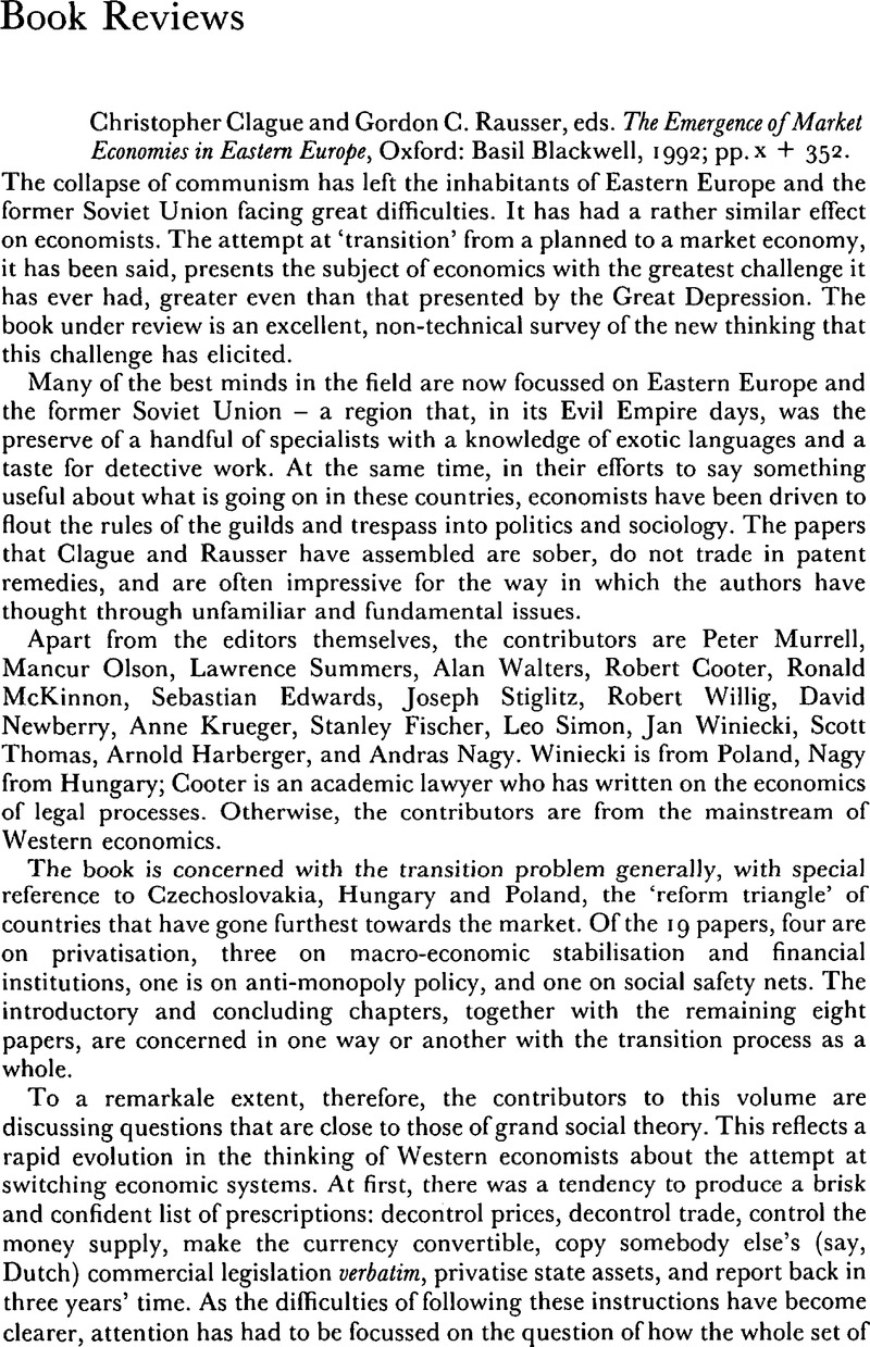 Christopher Clague and Gordon C. Rausser, eds. The Emergence of Market ...