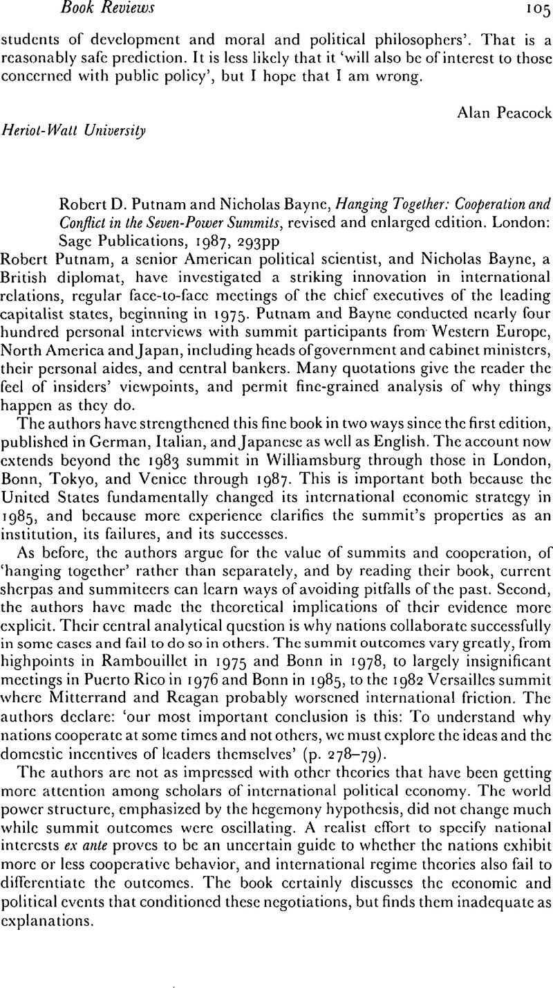 Robert D. Putnam and Nicholas Bayne, Hanging Together: Cooperation and ...