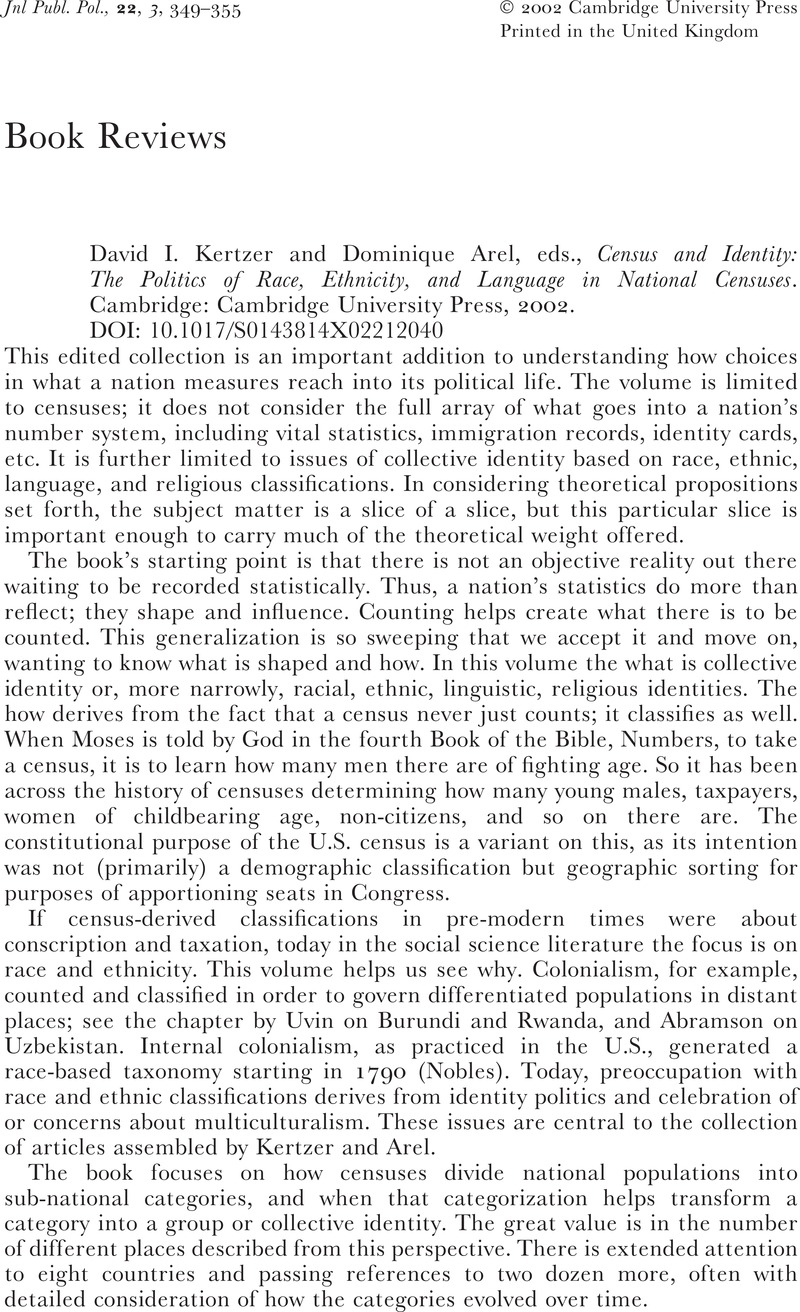 David I. Kertzer and Dominique Arel, eds., Census and Identity: The ...