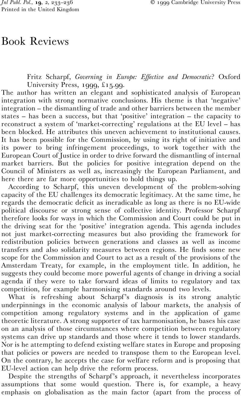 Fritz Scharpf, Governing in Europe: Effective and Democratic? Oxford ...