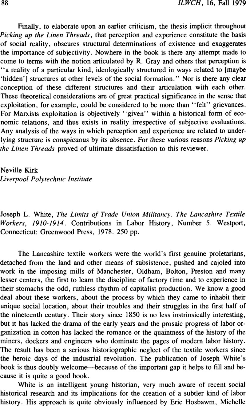 Joseph L. White, The Limits of Trade Union Militancy. The Lancashire ...