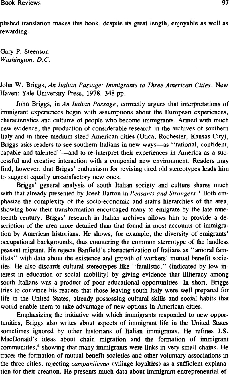 John W. Briggs, An Italian Passage: Immigrants to Three American Cities ...