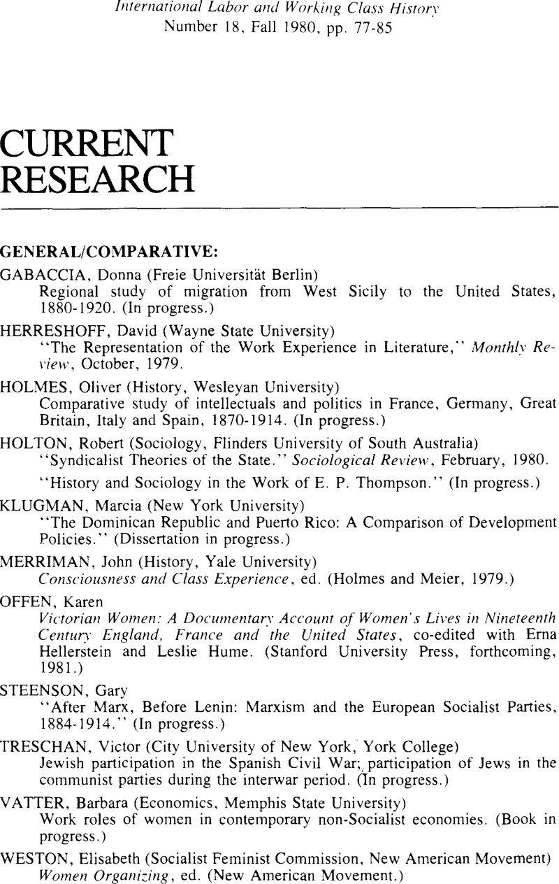 Current Research | International Labor and Working-Class History ...
