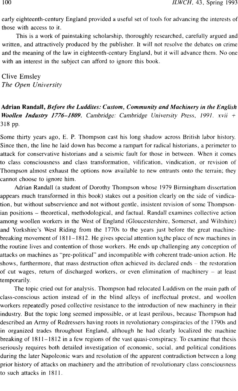 Adrian Randall, Before the Luddites: Custom, Community and Machinery in ...