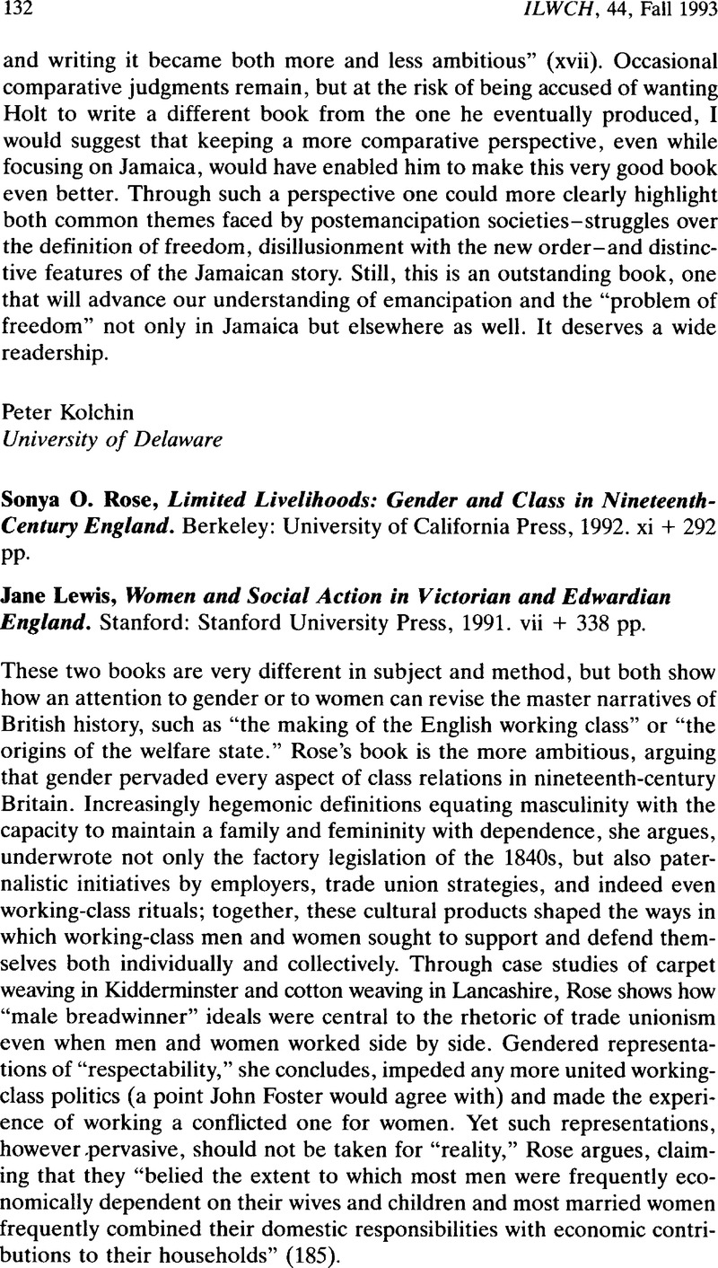 Sonya O. Rose, Limited Livelihoods: Gender and Class in Nineteenth ...