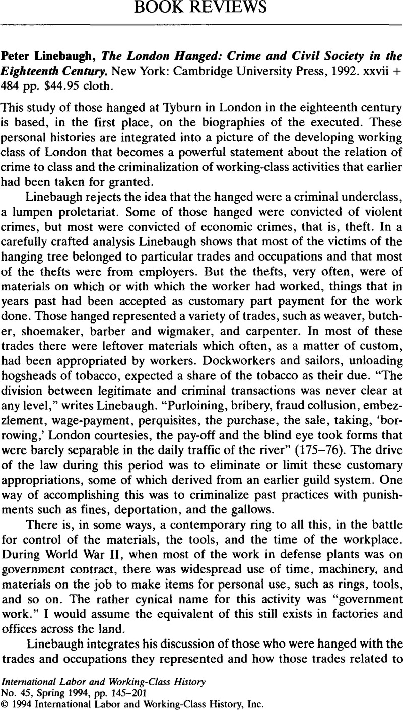 Peter Linebaugh, The London Hanged: Crime and Civil Society in the ...